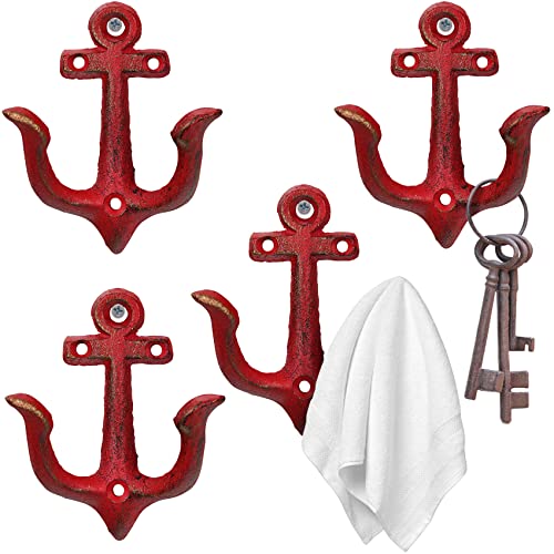 XINGYAN Vintage Rustic Cast Iron Nautical Sea Anchor Design Wall Hooks,Home Coat Rack,Decorative Wall Mounted Antique Shabby Chic Metal Bathroom Towel,Coat Hooks,Hanger,Screws Inside (Red[4pcs])