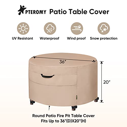 PTEROMY Patio Fire Pit Table Cover, Heavy Duty 600D Canvas Outdoor Waterproof Fireplace Cover (Khaki, Round, 36'')