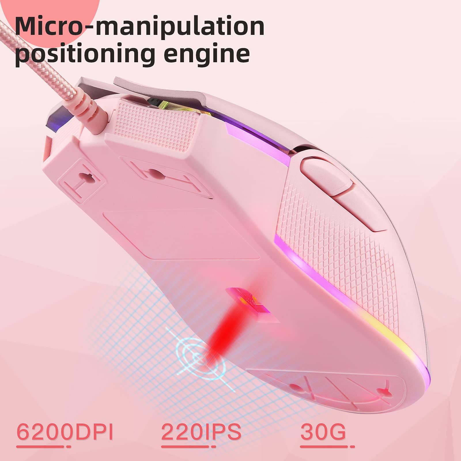 MOTOSPEED V70 USB Wired Gaming Mouse,DPI 6400 ZEUS6400 Optical Sensor,Chorma RGB Backlit,7 Programmable Buttons,Ergonomic PC Gaming Mouse for Laptop, PC, Mac(Pink)