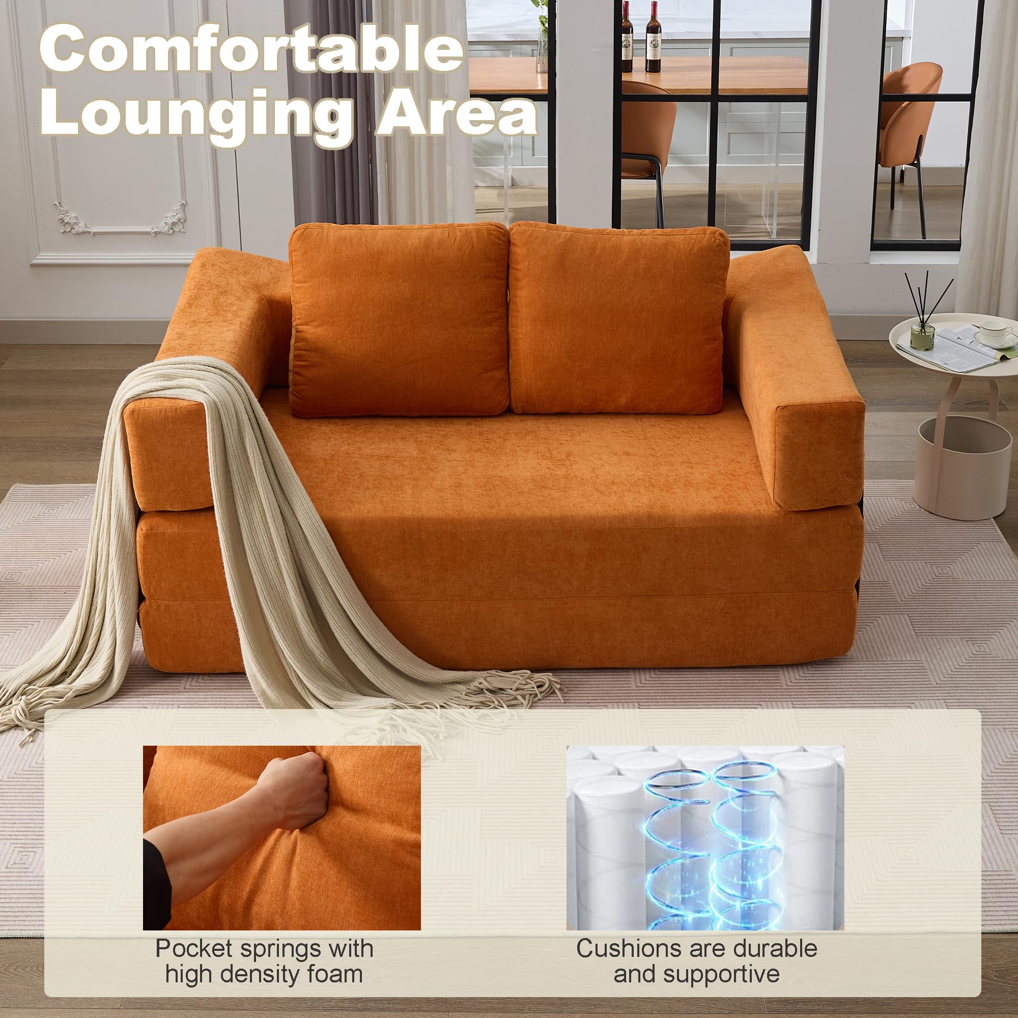 WILLIAMSPACE 70.87" Modern Loveseat Sofa Fold-Out Sofa Bed, Convertible Chair Floor Couch with Removable Backrest, Comfy Sofa for Living Room, Bedroom, Chenille Fabric (Orange)