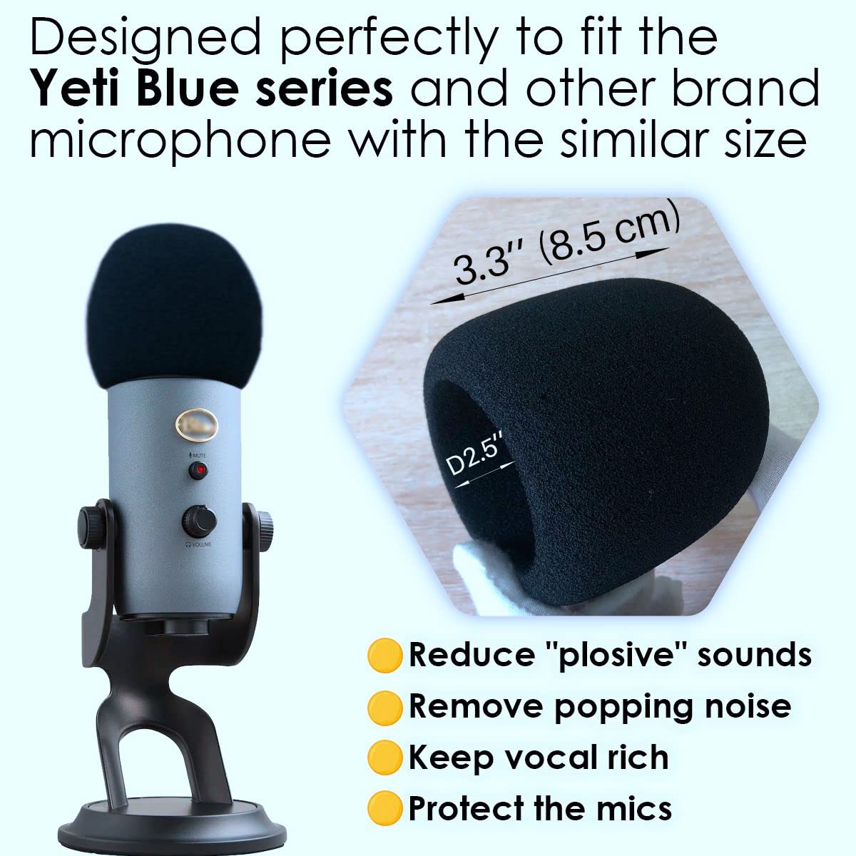 Microphone Covers Foam for Blue Yeti Pop Filter Mic Windscreen Replacement, with High Density Sponage to Kill Noise for Karaoke Sing and Podcast, 2 Black Pack