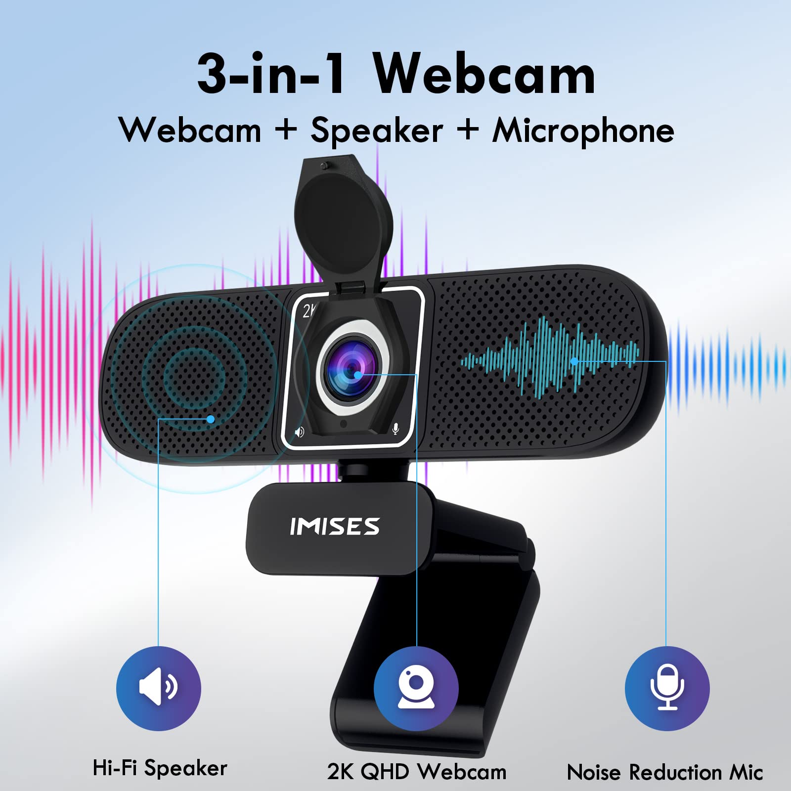 USB C Webcam, 2K Webcam with Microphone and Speaker, 3 in 1 Webcam with Auto Focus and White Balance, 90°Wide FoV, Laptop Camera with Privacy Cover, Plug & Play for Conference/Streaming/Video Calls