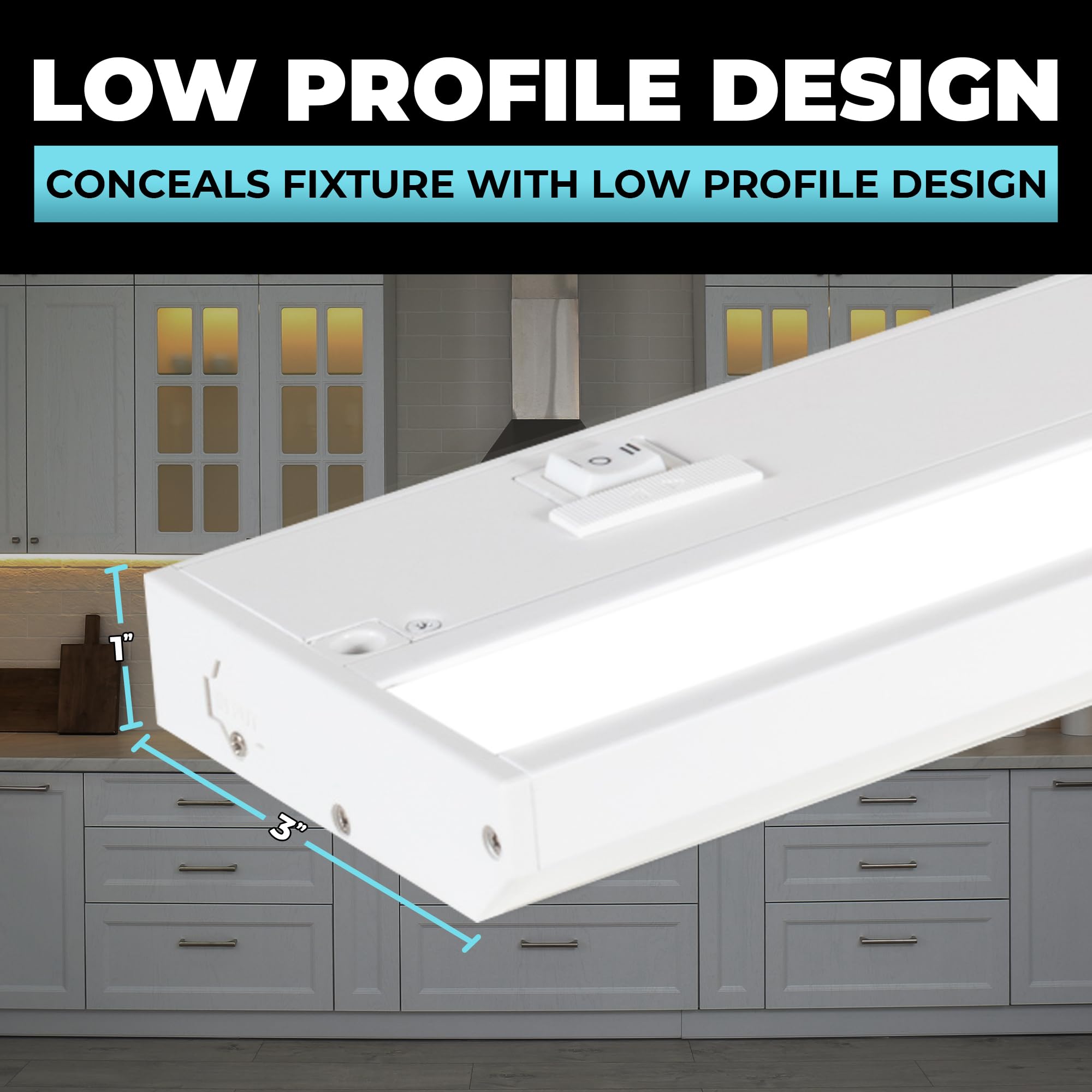 Magic Lite 24 Inch White LED Under Cabinet Lighting – Dimmable -3 Color Temperature Slide Switch – Warm White (2700K), Soft White (3000K), Cool White (4000K) - Plugged-in or Hardwired Installation