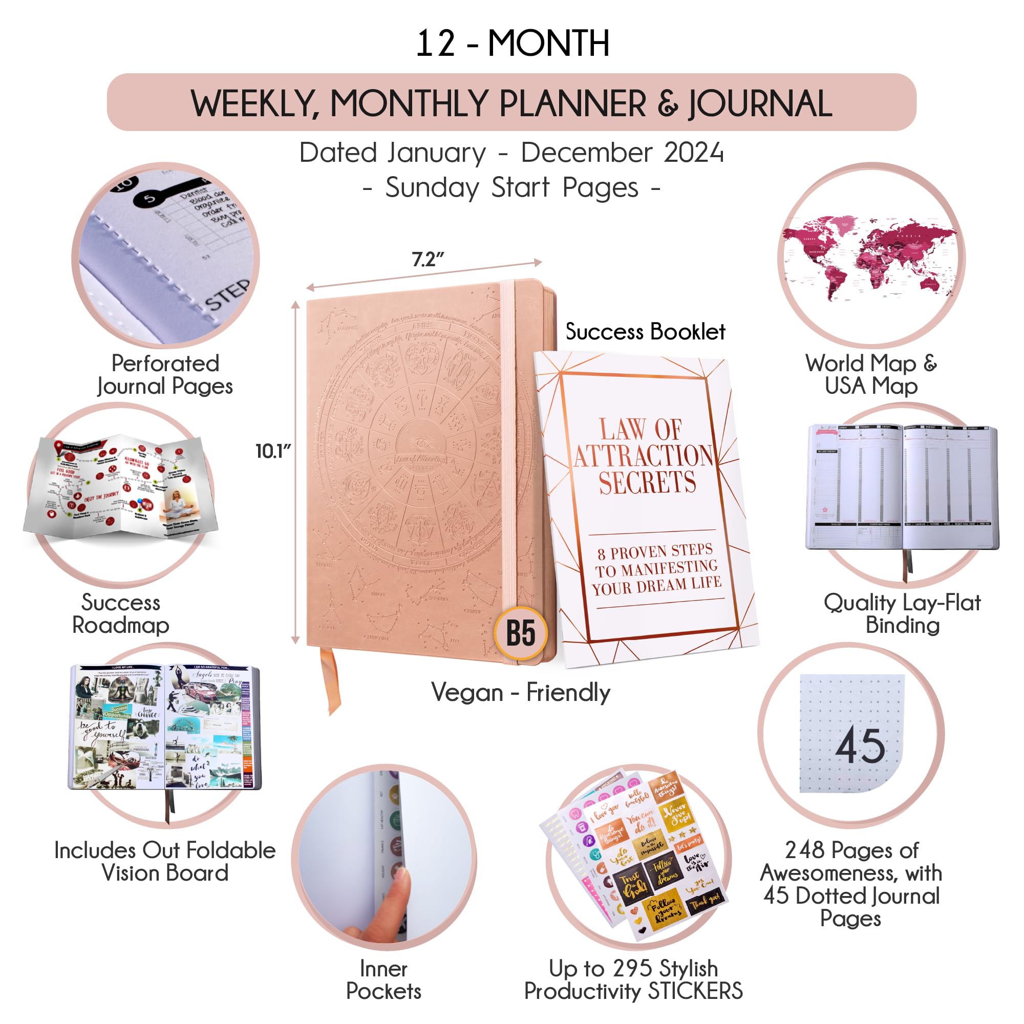 Law of Attraction Planner 2024-2024 Planner Weekly and Monthly, Hourly Planner, Daily Planner, Daily Gratitude Journal, Positive Habit Maker, Vision Board, Planner Stickers & Gift Box