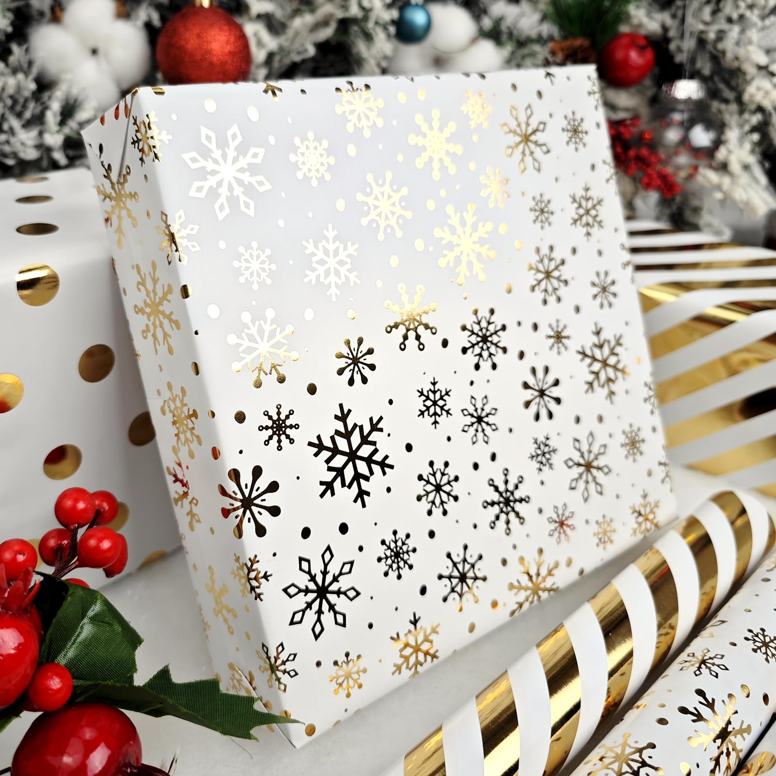 LDGOOAEL Mini Short Small Christmas Wrapping Paper Roll (17" X 120") - Gold Foil Snowflakes Stripe Polka Dot Design for Holiday, Birthday