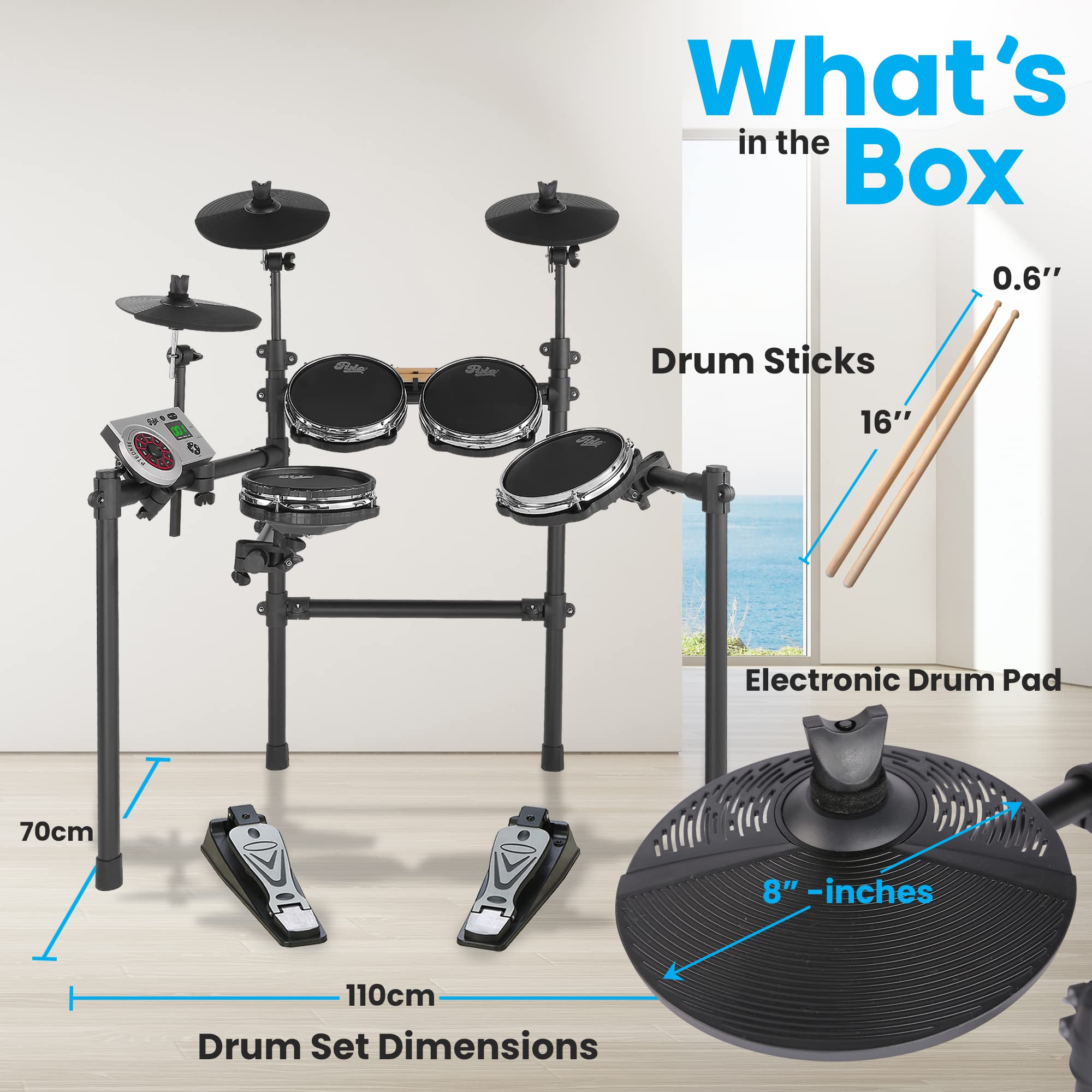 Pyle Electric Drum Set-Portable Quiet Electronic Kit with Mesh, Touch Sensitive Pads for Beginner, Supports MIDI (Mac & PC), Easy to Setup, Sticks Included for Home&Outdoor-PTEDK86 Black