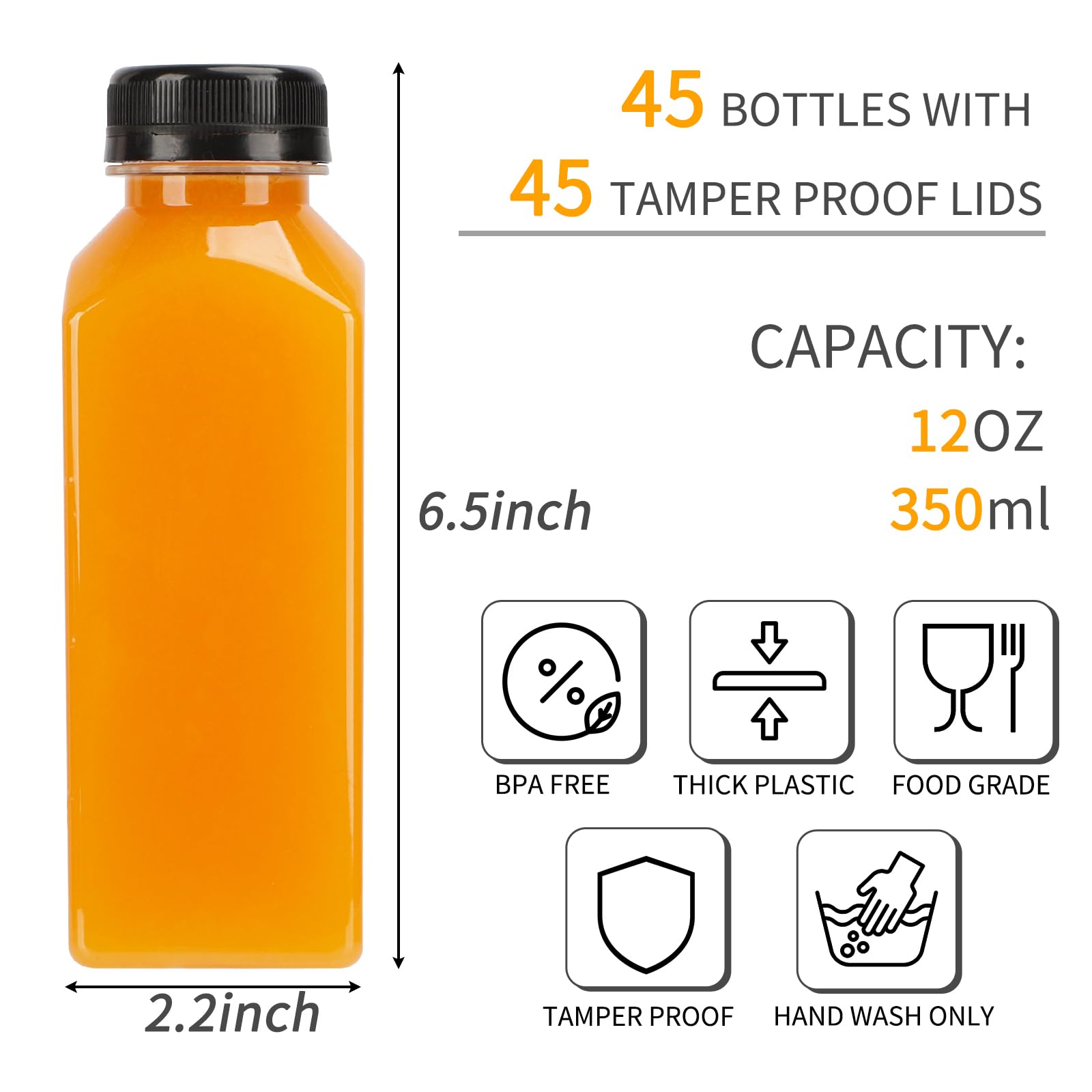 TOMNK 45pcs Juice Bottles, 12oz Reusable Juice Bottles with Caps and Labels, Funnel, Brush Beverage Containers for Juicing, Smoothies, Tea, Milk