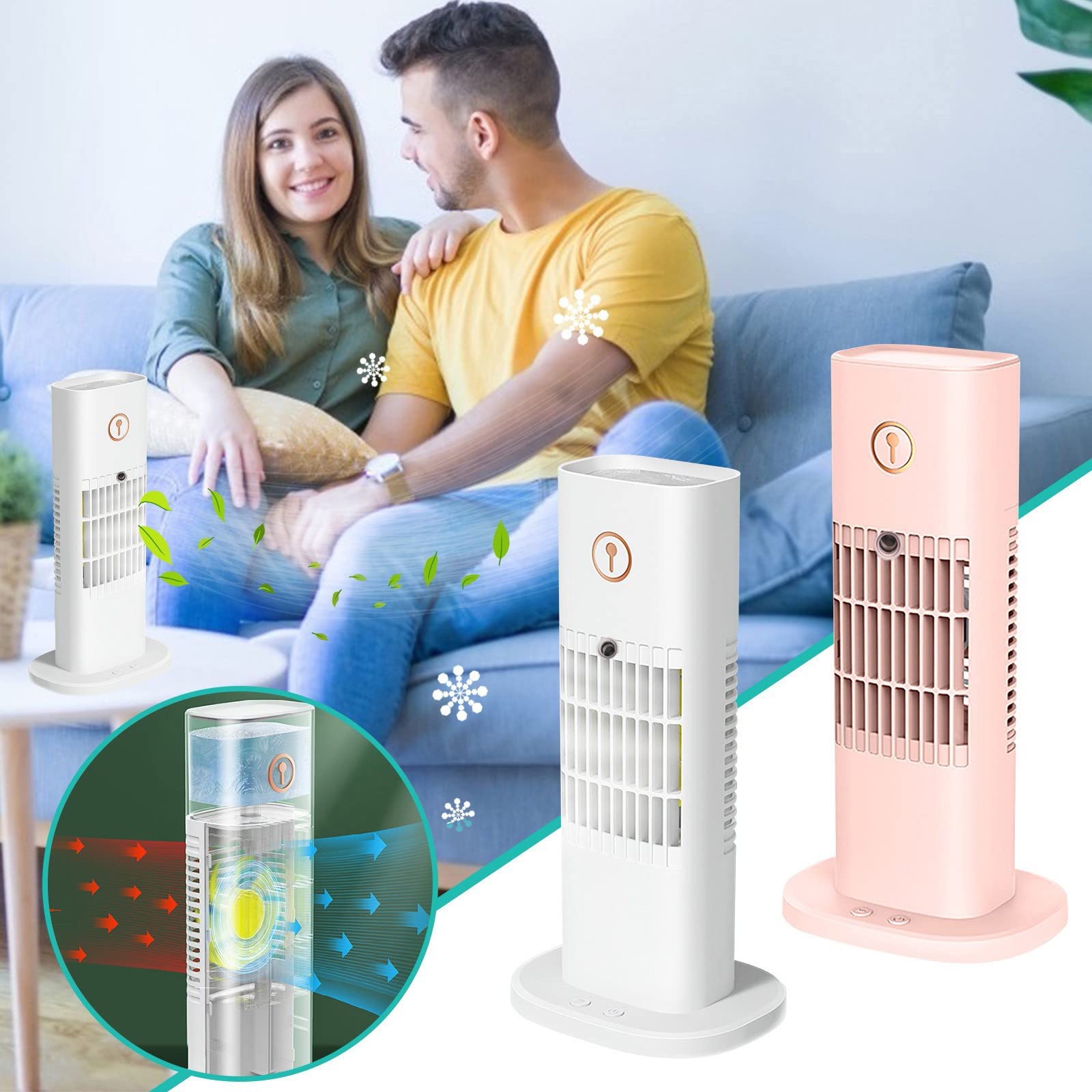 Portable Mini Air Conditioner Cooler Fan - USB Charging Humidifying Spray Cooling Desktop with 3 Wind Speeds - Quiet Desk for Bedroom Home Office Kitchen (White), 139.7x109.69x274.5mm