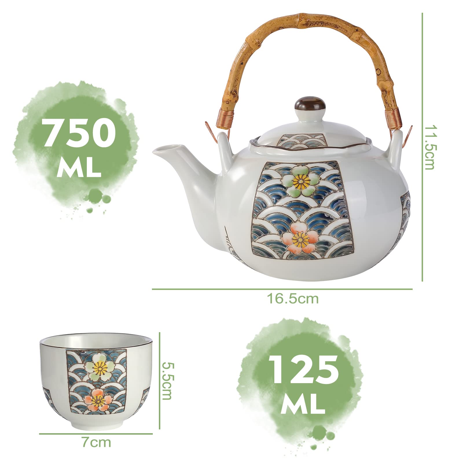 Junrutc Japanese Tea Set, Pottery Teapot Set of 5, 1 Teapot 4 Tea Cups 1 Stainless Infuser Cute Asian Tea Set for Tea Lover/Women/Men (25 oz)