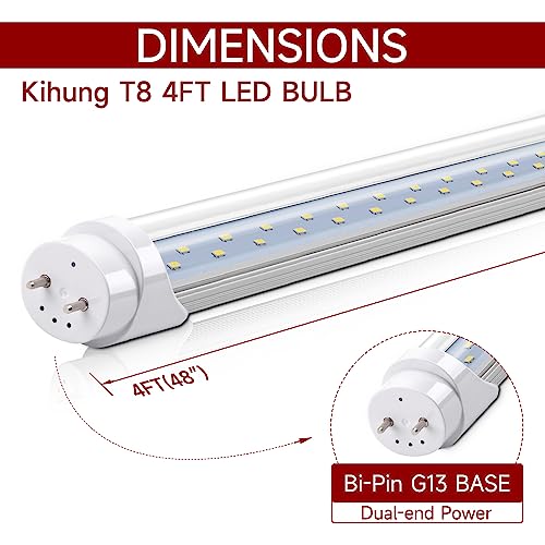 Kihung T8 LED Bulbs 4 Foot Type B Dual-Ended Power, Compatible with T8 T10 T12 Tubes, Remove Ballast, G13 Base, 24W 3120LM 6000K Daylight White, 4ft Led Light Bulbs Replacement, 4-Pack