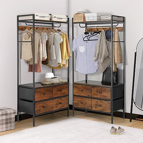 YIGOBUY Free Standing Coat Rack Hall Tree with Industrial Garment Rack with Shelves Drawers and Hooks, Small Clothes Rack for Bedroom, Living Room,Entryway Rustic