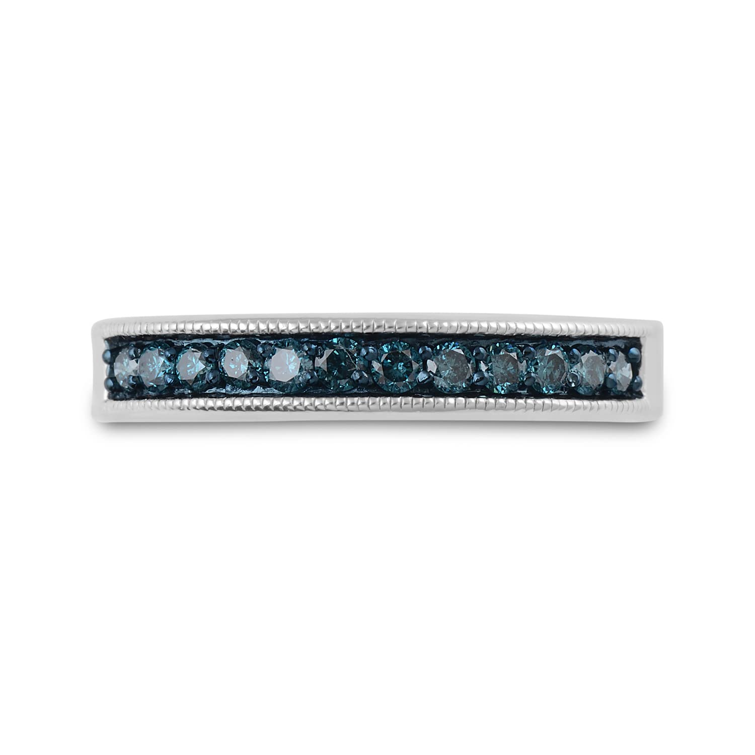 Jewelili Sterling Silver 1/3 Cttw Round Shape Blue Diamond Ring, Size 7