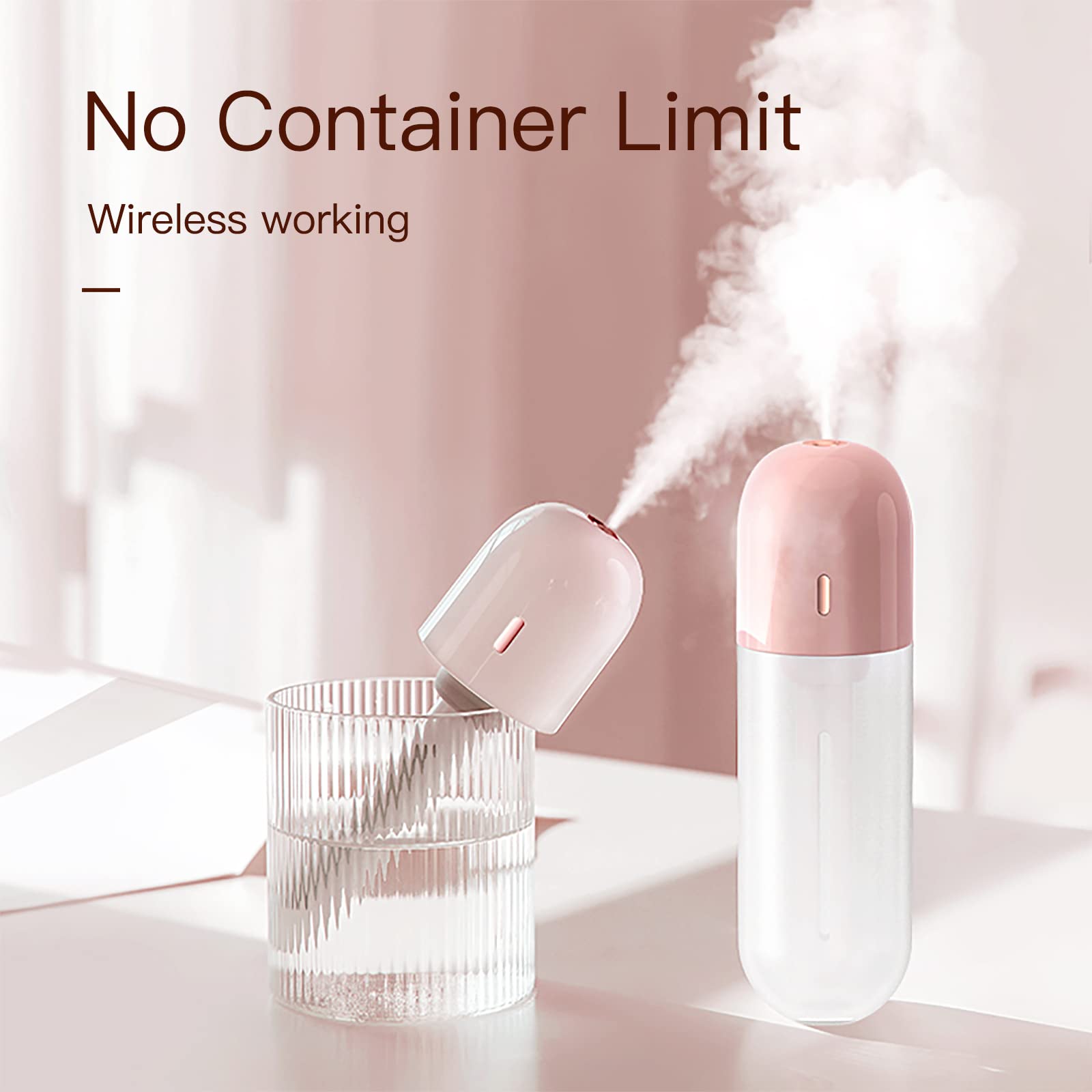 Portable Mini Humidifier, Small Wireless Cool Mist 100ml Humidifier, with Container Diversity for Car Bedroom Office, Adjustable Length, Whisper-Quiet Operation, 2 Spray Modes, Auto Shut Off (White)