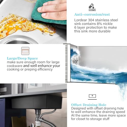 Lordear Kitchen Sink 33 Inch Drop In Kitchen Sink 33 x22 Inch Workstation Single Bowl Topmount 16 Gauge Stainless Steel 10'' Deep Handmade Kitchen Sink with Cutting Board