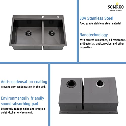 SOMRXO 28 Black Stainless Steel Kitchen Sink Double Bowl 28x22 Drop In Kitchen Sink Workstation Ledge 16 Gauge Gunmetal Black Kitchen Sink Topmount 10" Deep 40/60 Low-Divide Double Bowl Kitchen Sinks
