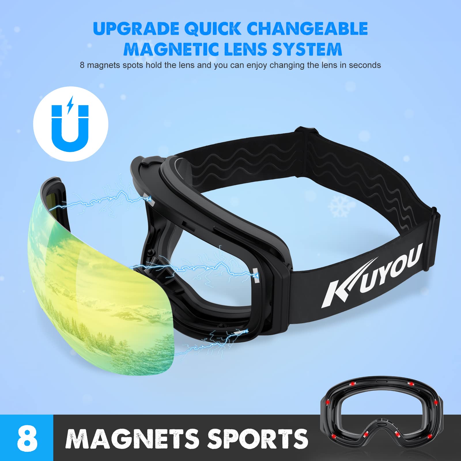 KUYOU Ski Goggles, Snowboard Goggles, Mag-Pro Magnetic Interchangeable Lenses, UV400 Protection Snow Goggles for Men & Women