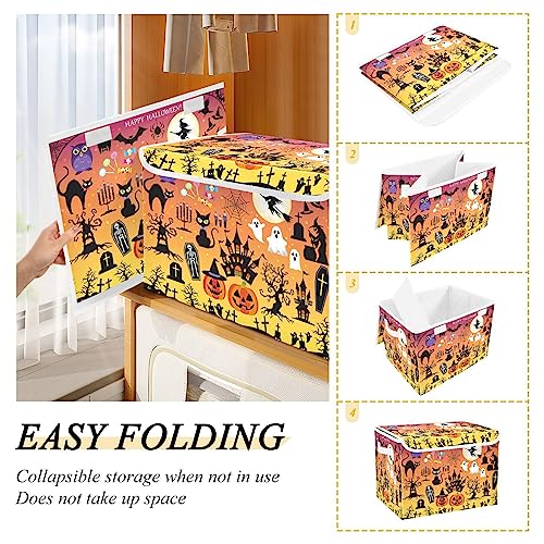 Krafig Halloween Party Foldable Storage Box Canvas Storage Bin Containers Baskets with Lids Handles Cubby Organizer Bins