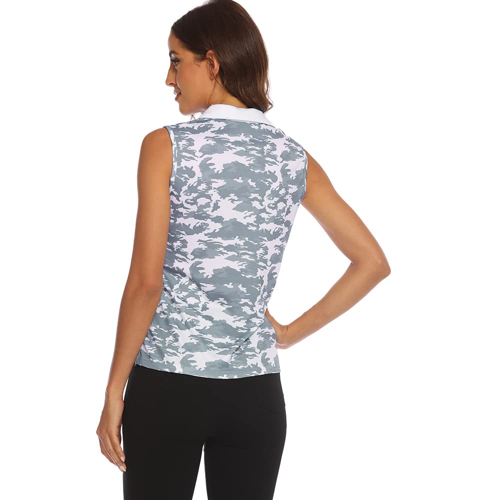 MoFiz Women's Golf Shirts Sleeveless for Summer UV Protection Dry Fit Sport Shirts with Collar Camo-Grey M