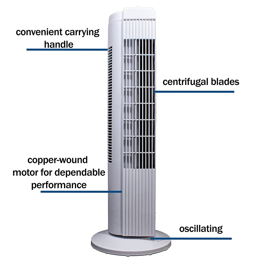 Mainstay FZ10-19MW 28 Inch 3 Speed Compact Oscillating Tower Fan with Auto Shutoff, White (Renewed) (White)