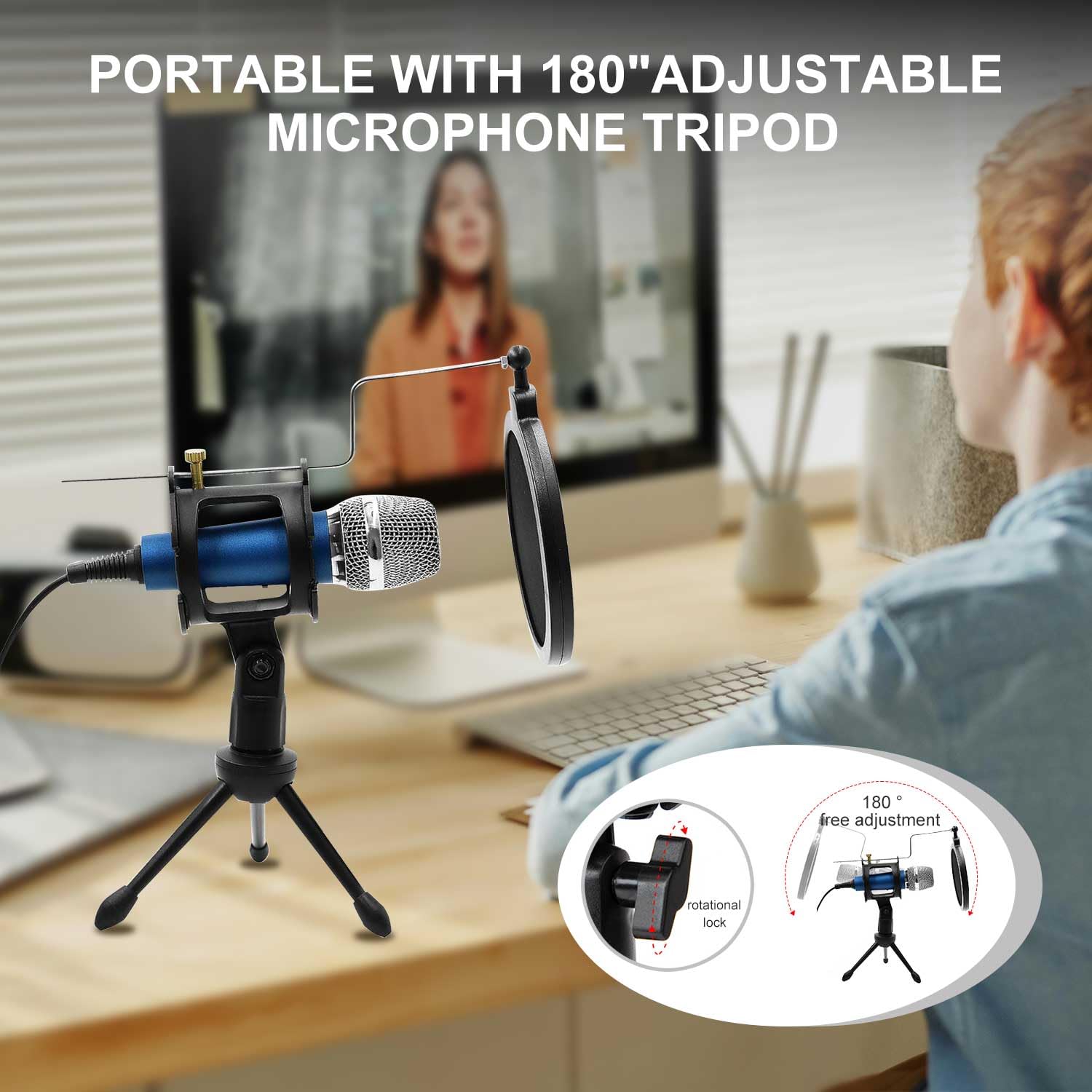 LOOYUAN Blue Condenser Recording Microphone 3.5mm Plug and Play PC Microphone, Broadcast Microphone for Computer Desktop Laptop MAC Windows Online Chatting Podcast Skype YouTube Game(Blue