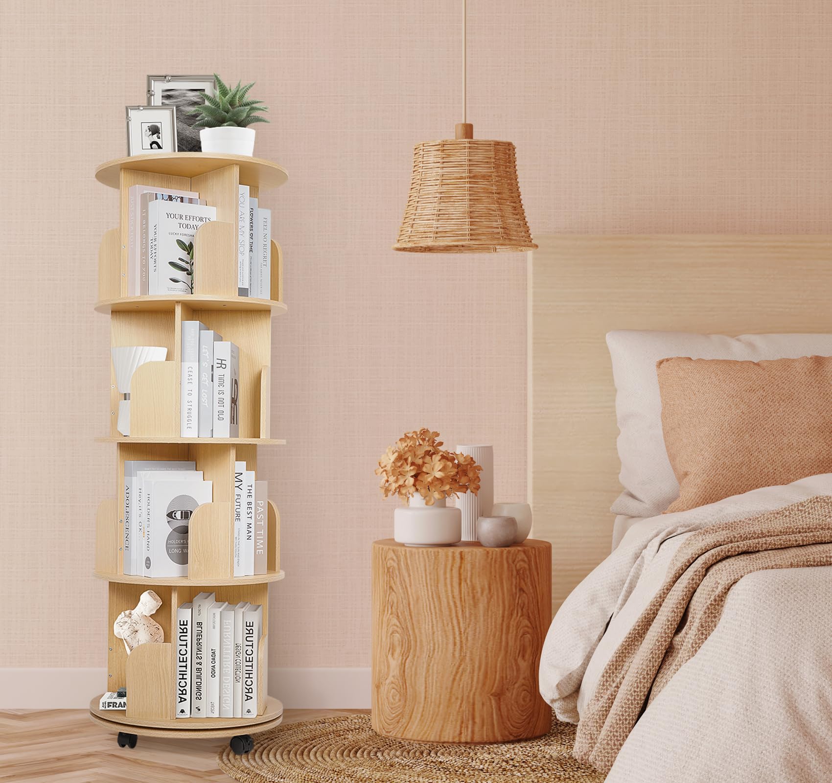tonchean 4 Tier Rotating Bookshelf Tower,Wood Revolving Bookcase with Wheels Vertical Kids Toddler Bookshelf with Storage,Corner Display Bookshelf Rack for Library Study Office Living Room
