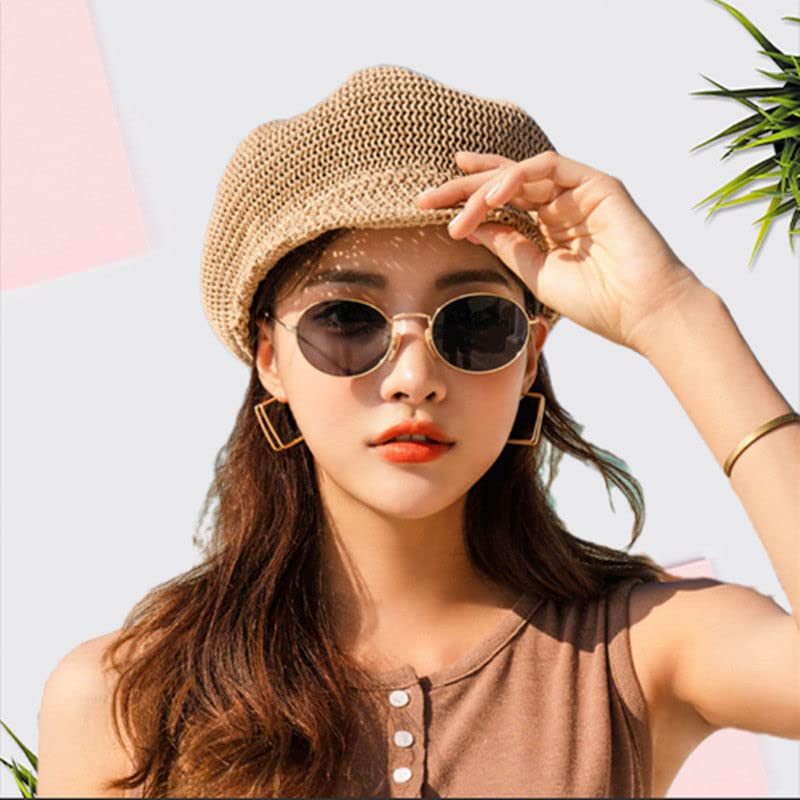Octagonal Cap Straw Women Summer Thin Newsboy Cap Painter Adjustable Rope Knitted Beret Mesh Breathable Boinas para Mujer, One Size