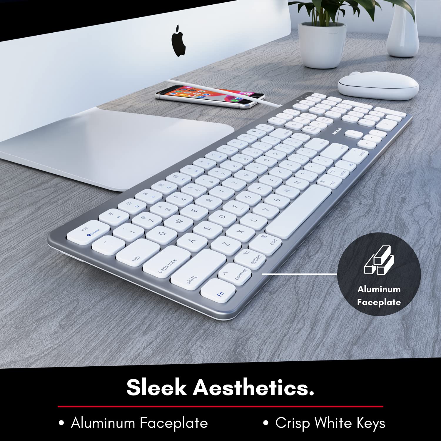 Macally Wired Keyboard for Mac - Compatible Apple Keyboard with USB Ports for Mouse - Full-Size Mac Keyboard with Number Pad - Plug & Play Keyboard for MacBook Pro/Air, iMac - Aluminum Frame