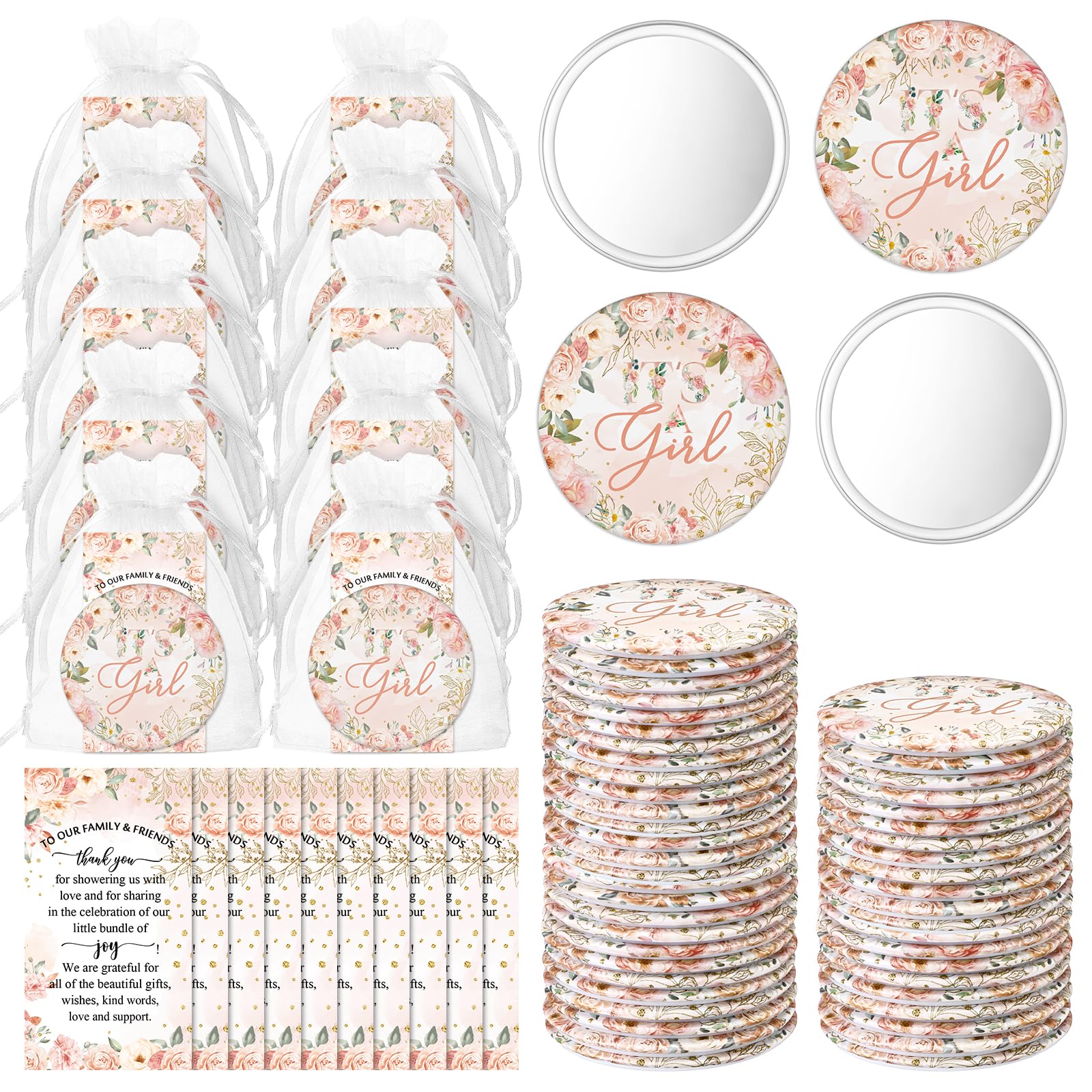 Yuntau 36 Sets Baby Shower Favors for Adults 2.76'' Compact Mirrors Bulk with Thank You Cards Organza Bags Pocket Makeup Mirrors for Guests Return Gift Bridal Wedding Gender Reveal Party(It's a Girl)