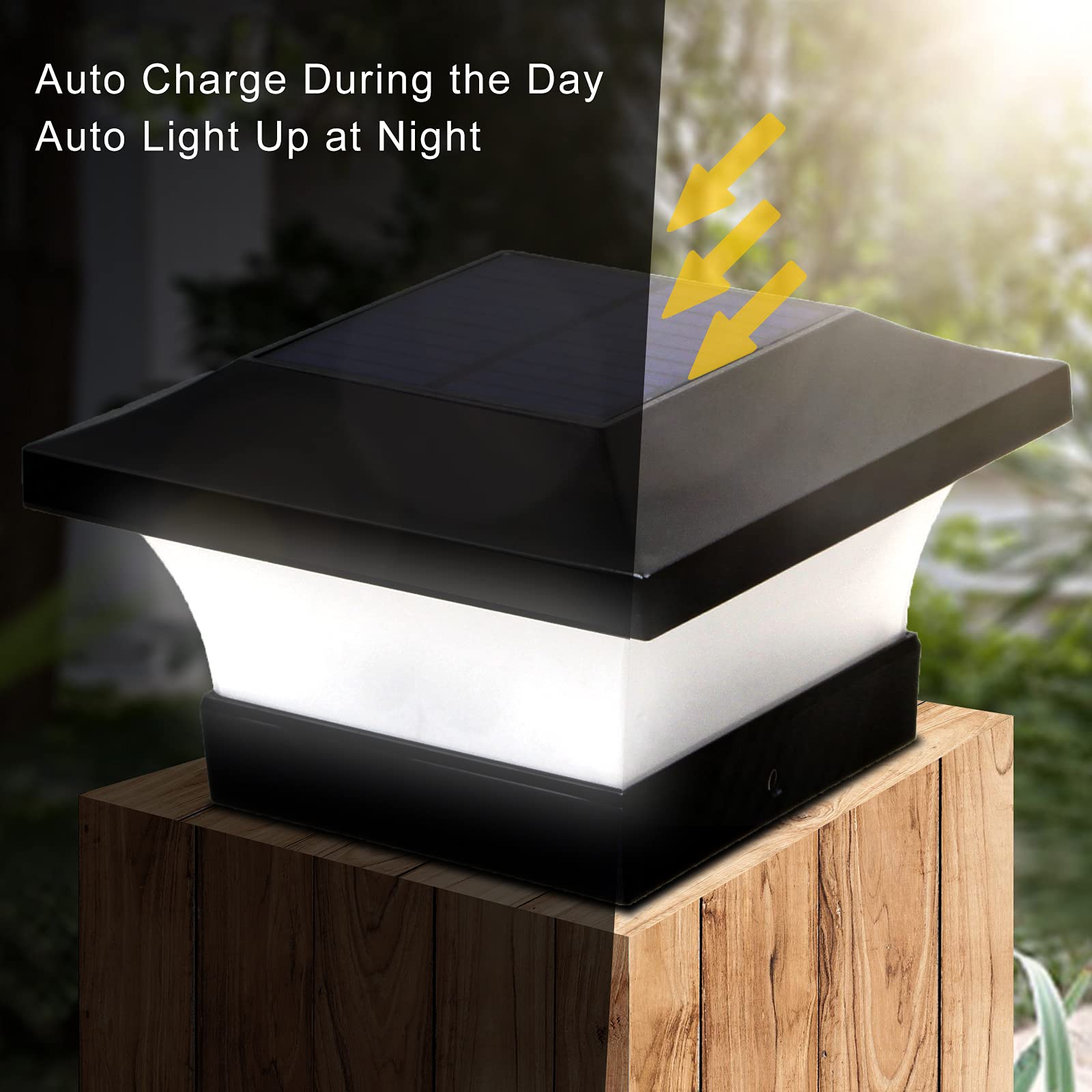 T-SUN Solar Post Lights, Waterproof Outdoor Solar Post Cap Lights for 4 X 4 Wooden Posts, 6000K White LED Lighting, Deck, Patio Garden Decor or Fence(2 Pack)