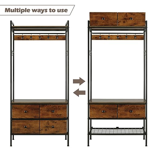 YIGOBUY Free Standing Coat Rack Hall Tree with Industrial Garment Rack with Shelves Drawers and Hooks, Small Clothes Rack for Bedroom, Living Room,Entryway Rustic