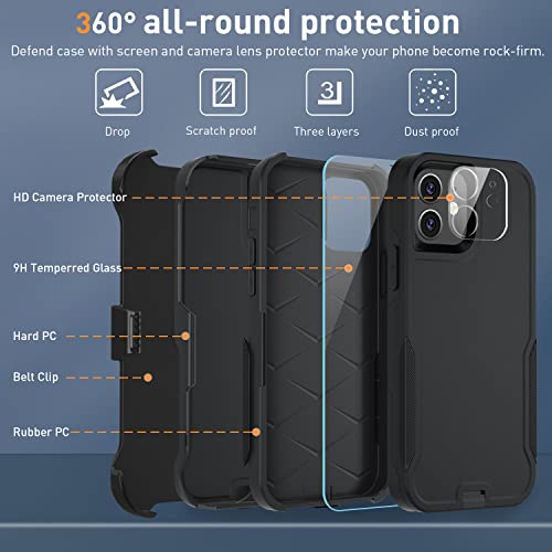 Xmon Case for iPhone 12 and 12 Pro, Heavy Duty Rugged Case Belt Clip Holster Kickstand Protective Cover [Shockproof] Compatible with Apple iPhone 12 and iPhone 12 Pro (Black)