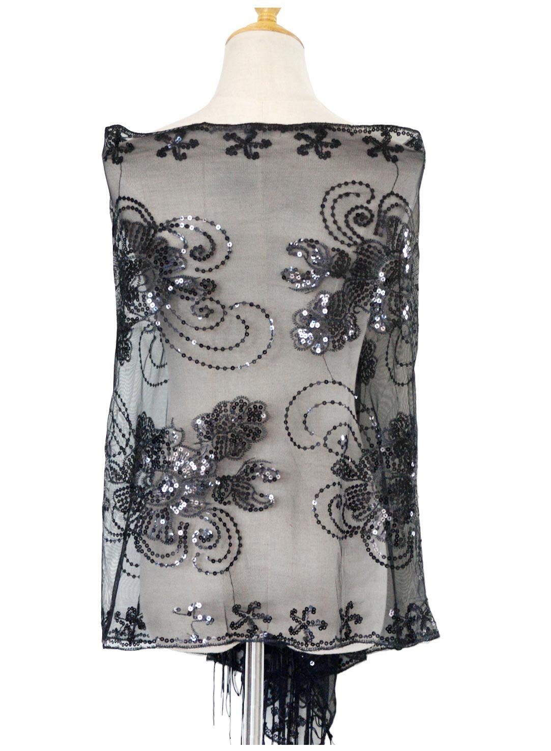 L'VOW Women's Glittering 1920s Scarf Mesh Sequin Wedding Cape Fringed Evening Shawl Wraps(Black)