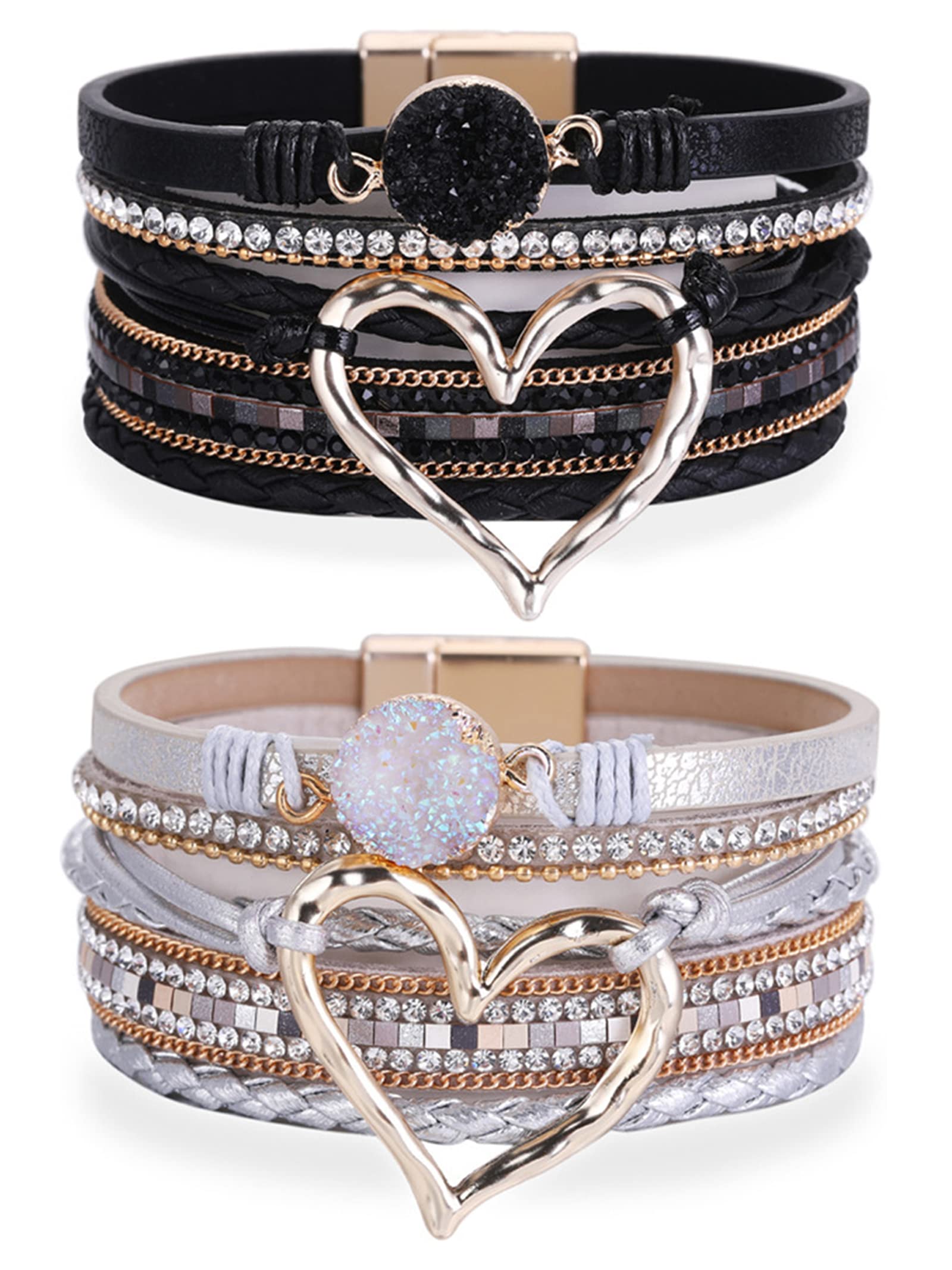 Multilayer Leather Wrap Bracelet for Women Black Leather Cuff Bracelet Western Boho Bracelet with Clasp Rhinestone Leather Bracelets Jewelry for Women Trendy Stocking Stuffers