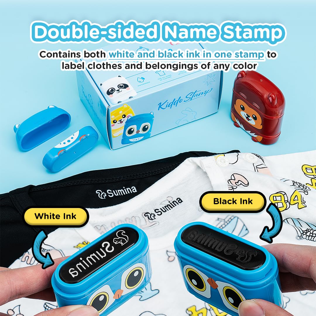 KiddoSpace Name Stamp for Clothing Kids - Kiddostamp⢠Customized Double Sided Name Stamp - Personalised Clothing Stamps - Waterproof Name Stamp (White + Black Ink)