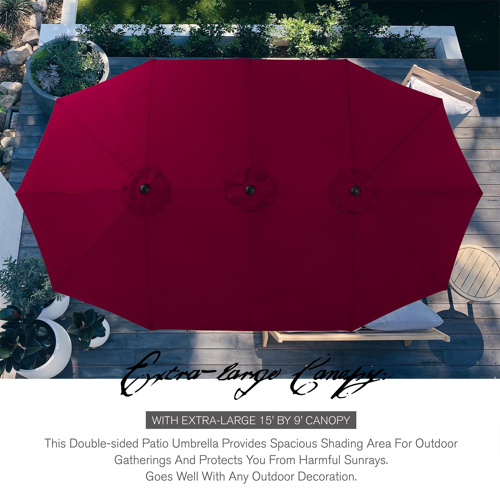 Sophia & William 15ft Patio Umbrella (Base Included), Extra Large Outdoor Double-sided Umbrella, Red