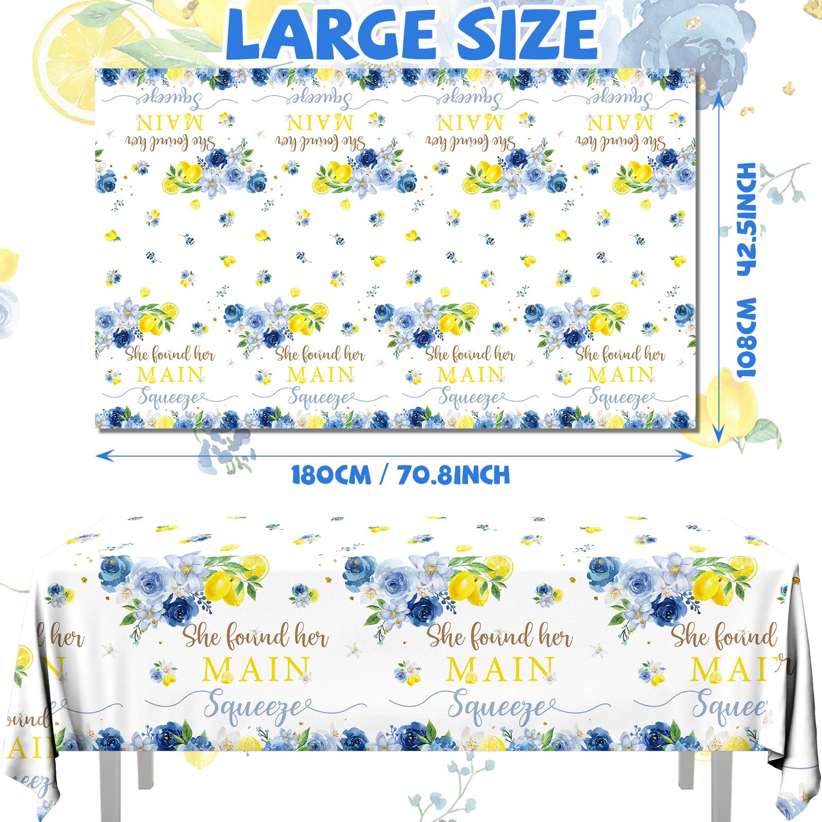 TEMYAXU 3Pieces She Found Her Main Squeeze Bridal Shower Tablecloth, 43 * 71Inch She Found Her Main Squeeze Lemon Tablecloth Lemon Bridal Shower Decorations for Lemon Bridal Shower Weddings Party