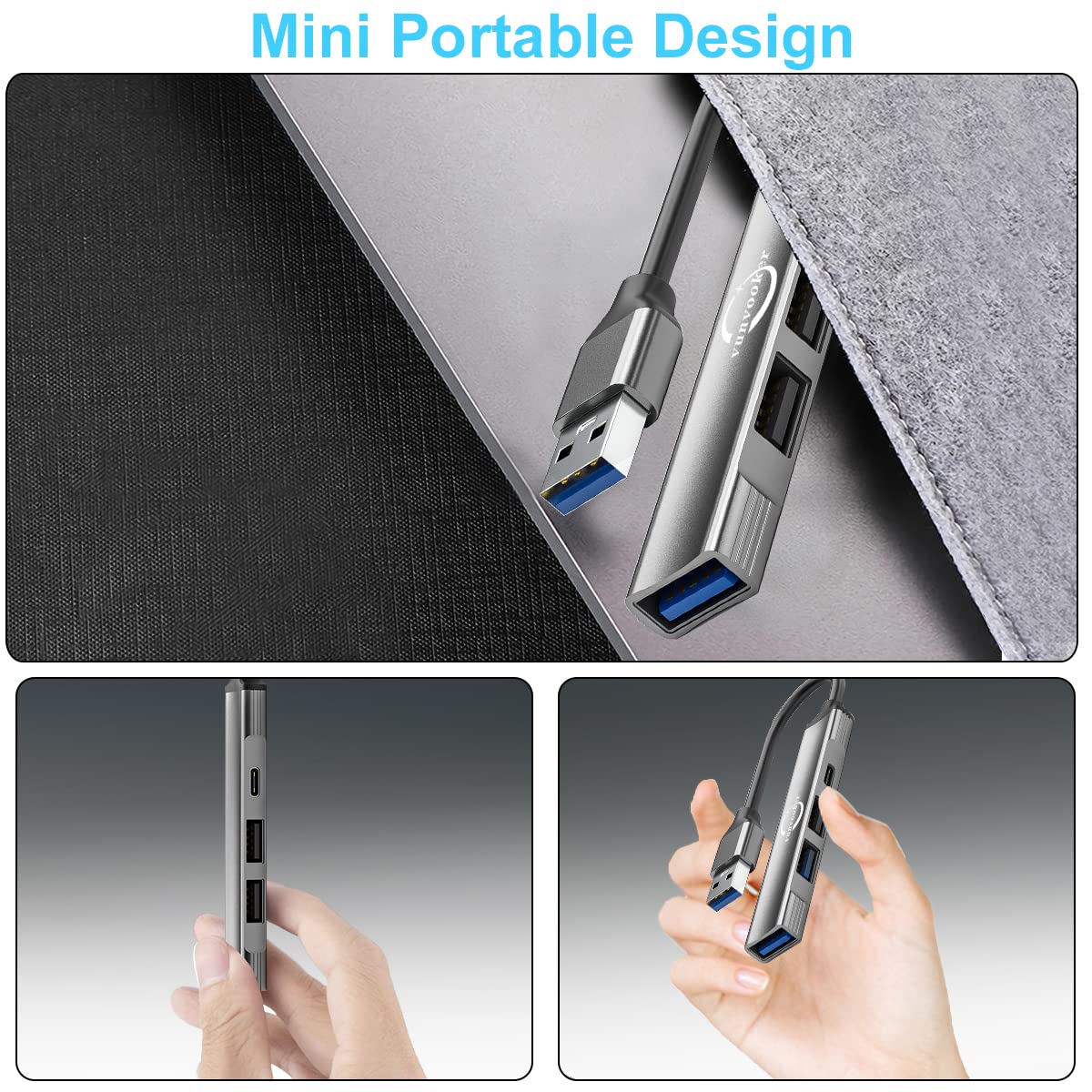 USB Hub,Vunvooker 4-Port Mini USB Data Dongle,USB Hub 3.0,USB Hub 2.0,USB Adapter,USB Expander Hub for Laptop,Ultra Slim Portable USB Splitter for iMac Pro,MacBook Air,Mac Mini/Pro,Surface Pro(Grey)
