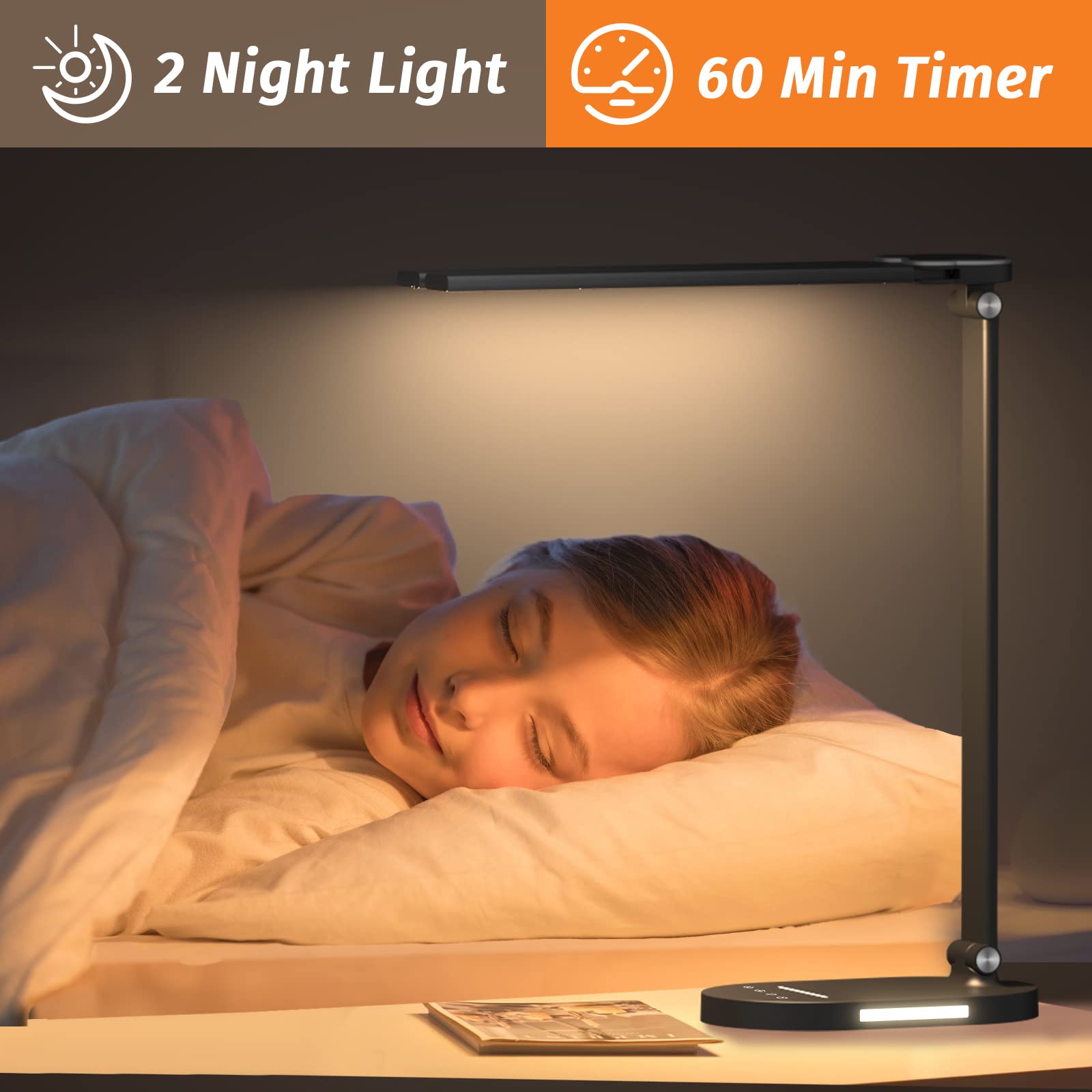 LED Desk Lamps for Home Office, Dual Swing Arm Desk Light, Dimmable Desk Lamp with USB Charging Port, Office Lamp with Night Light, 1H Timer, 5 Color Modes 5 Brightness Levels, Eye-Caring Table Lamp