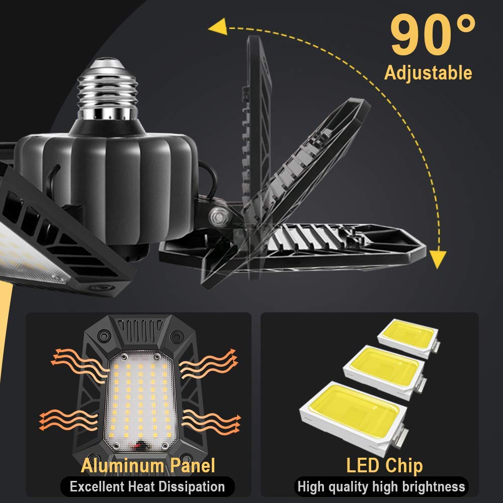 LED Garage Ceiling Light - Merece Upgraded 80W Garage Light Bulb 8000LM E26 Deformable Three Leaf Garage Light, Adjustable Tribright Led Garage Lighting for Shop Warehouse Basement (No Sensor,Black)