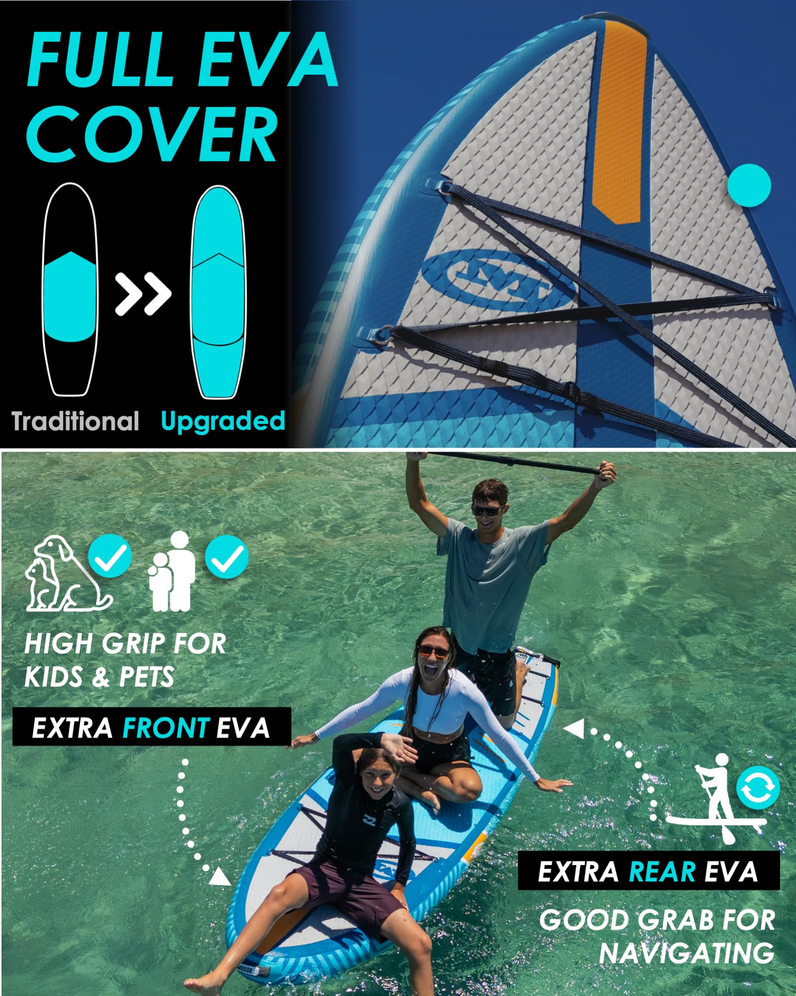 MOUSA 11'×34" Extra Wide Inflatable Stand Up Paddle Board, Stable Ultra Wide SUP for 2 People/Family w/Shoulder Strap, 1600D Backpack, All-Round Sup Board w/Floatable Paddle, US Central Fin