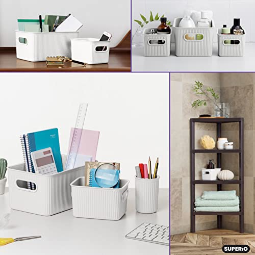 Superio Ribbed Collection - Decorative Plastic Open Home Storage Bins Organizer Baskets, Small White (4 Pack) Container Boxes for Organizing Closet Shelves Drawer Shelf 1.5 Liter