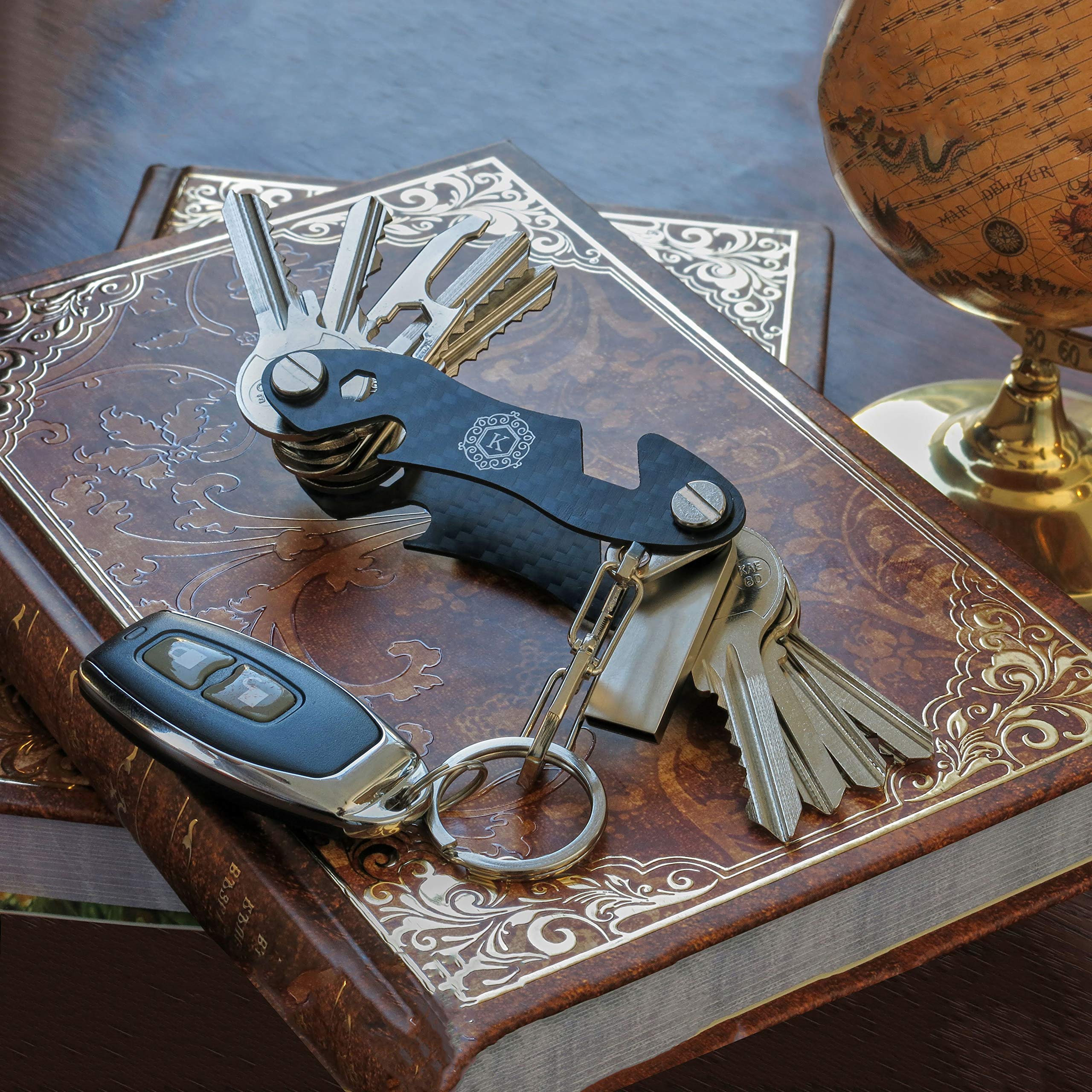 KINGSMEN Compact Smart Key Organizer Keychain – Premium Carbon Fiber Key Holder for Keychain with Keychain Accessories (16 GB USB, Multitool, Key Ring), Attach Car Key Holder & EDC, 25 Keys (Black)