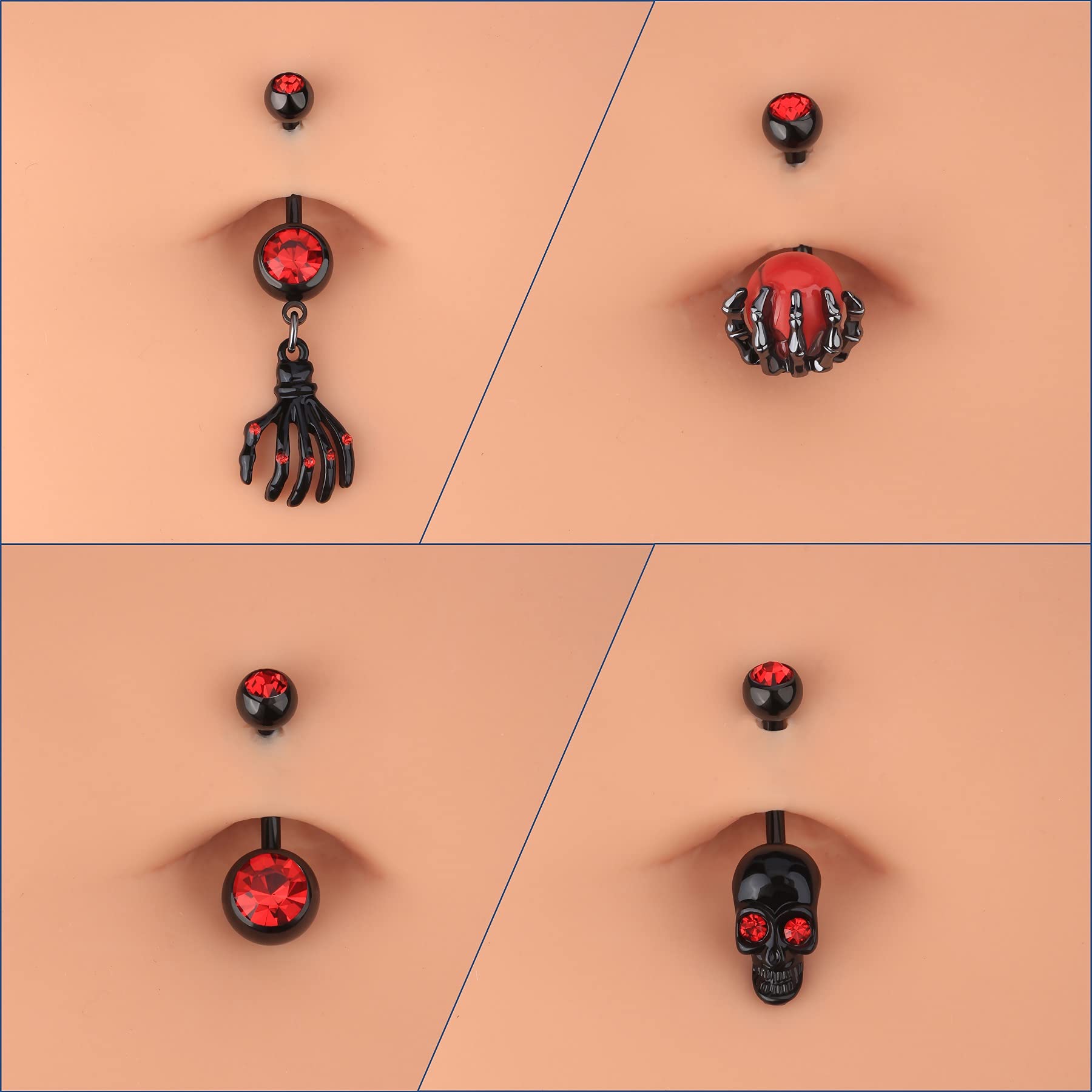 OUFER 4PCS Belly Button Rings Navel Rings Surgical Steel Black Ghost Belly Piercing Jewelry Belly Rings for Women