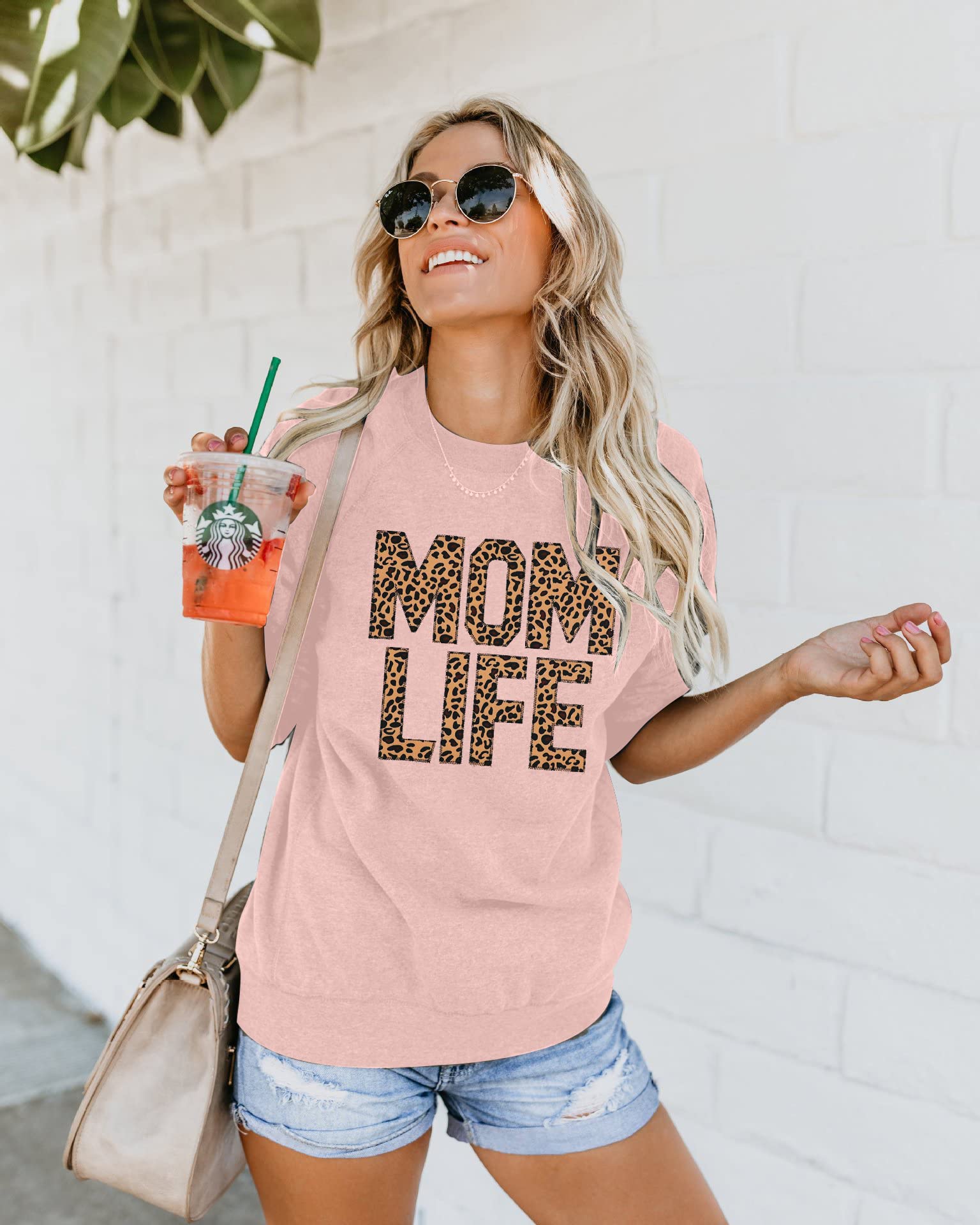 MOUSYA Mom Life Tops Women Mom Letter Printed Sweatshirt Leopard Graphic Casual Long Sleeve Crew Neck Pullover Tops (Small, A_pink)