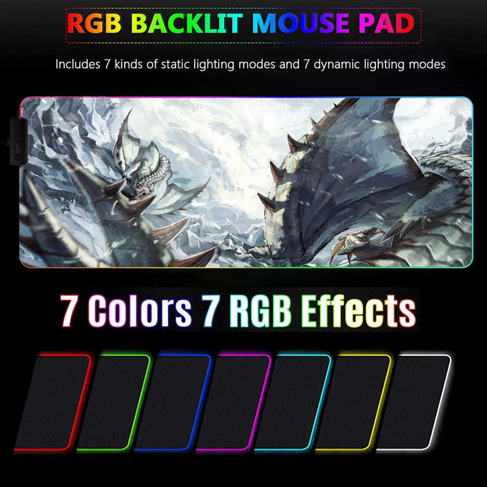 Mouse Pads Monster Hunter Game RGB Gaming Mouse Mat Large LED Colorful Luminous Anti-Slip Rubber Base Computer Pc Keyboard Carpet 31.5 inch X 11.8 inch X0.16 inch