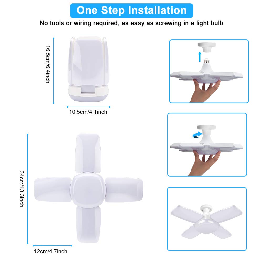 LED Garage Lights 2 Pack 60W 6000LM Garage Light Deformable LED Garage Ceiling Lights 6500K Daylight 5 Adjustable Panles E26 Base LED Basement Lights Garage LED Lights for Warehouse Workshop Office
