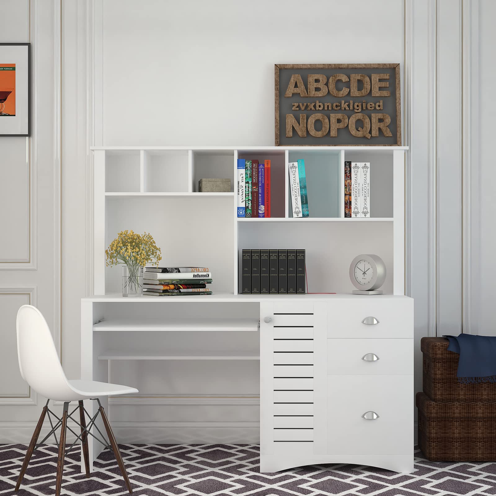 KLIECH Modern Home Office Computer Desk with Hutch,Large Working Space for Kids Adults Bedroom Living Room,Antiqued White Finish