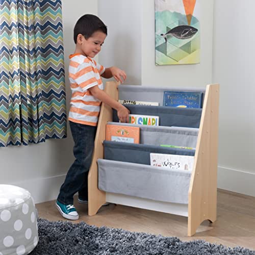 KidKraft Wood and Canvas Sling Bookshelf Furniture for Kids - Gray & Natural, Gift for Ages 3+