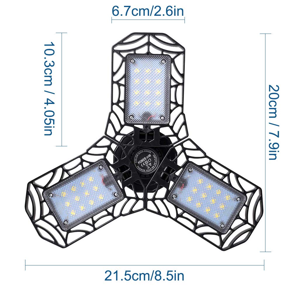 LED Garage Lights, 30W Deformable Garage Ceiling Light,3000Lumens CRI 80 6000k Led Light Bulb with 3 Adjustable Panels Basement Light