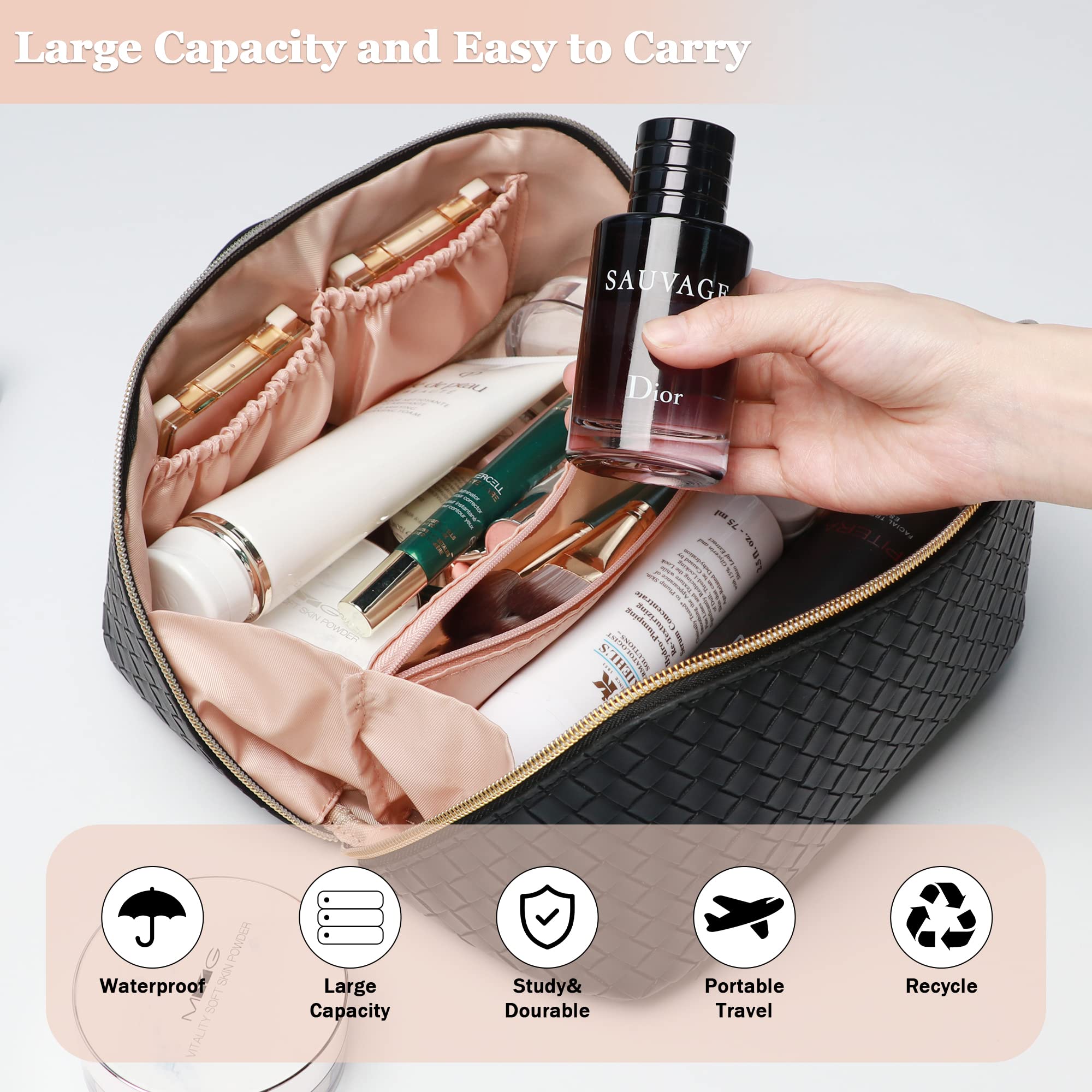 Tesuko Quilted Large Capacity Waterproof PU Leather Cosmetic Bag with Handle and Divider, Black, for Women